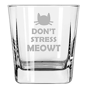 MIP Brand 12 oz Square Base Rocks Whiskey Double Old Fashioned Glass Don't Stress Meowt Cat Funny