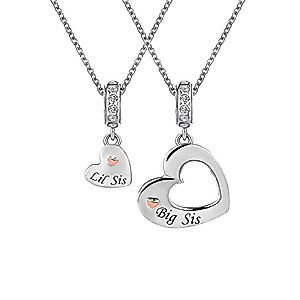 KunBead 18 inch Big Sister Little Sister Rose Gold Tone Heart I Love You Matching Charm Pendant Birthday Necklace set for 2 for Women
