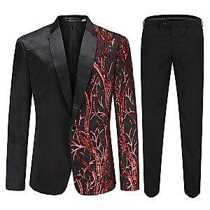 Cloudstyle Mens 2-Piece Suit Casual 1 Button Slim Fit Prom Suit Stylish Sequin Dinner Tux Black - Red