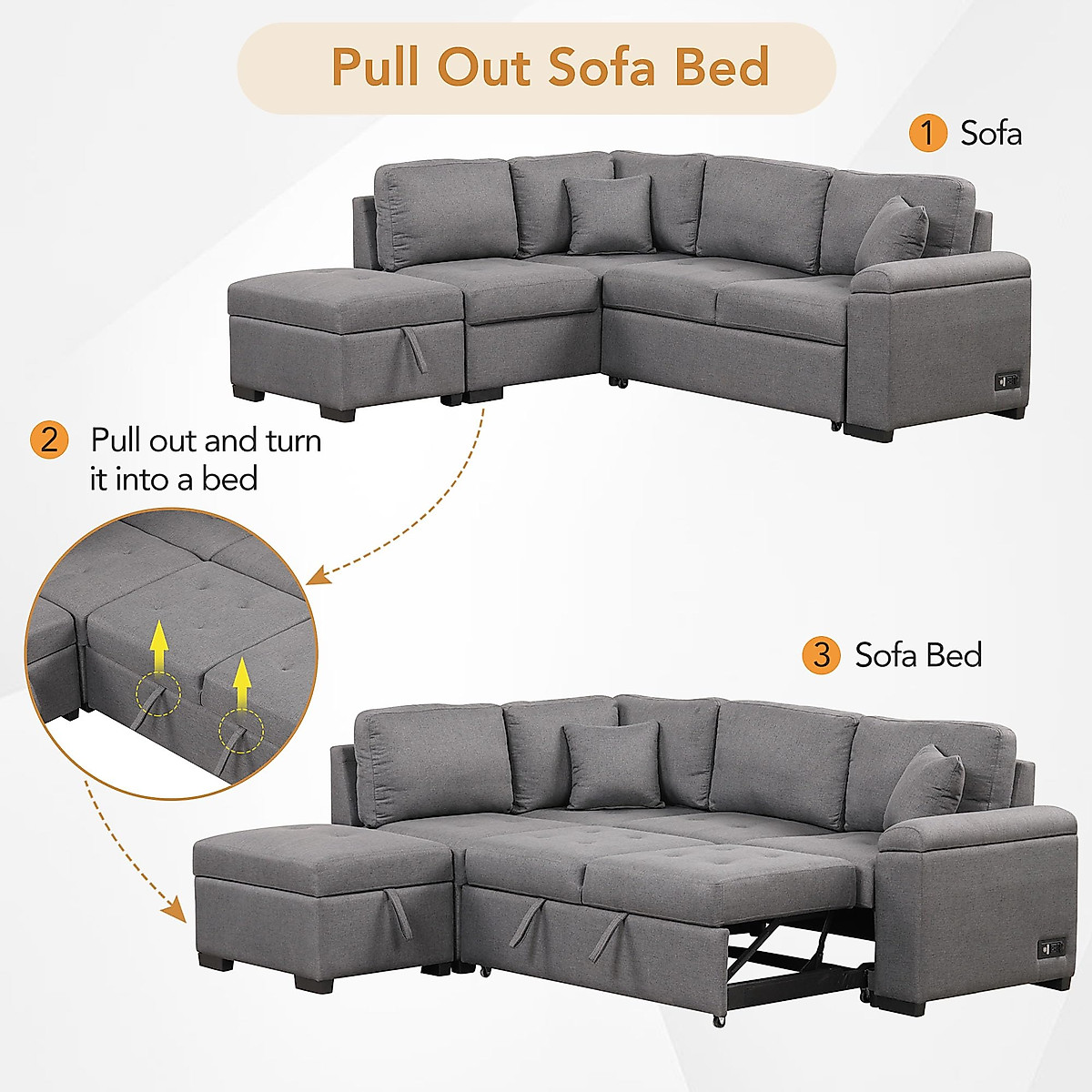 Bellemave Sectional Sleeper Sofa Pull Out Couch with Storage & USB Charging L Shaped Convertible Sofa Bed with Ottoman Pull Out Sofa Bed for Living Room Apartment, Dark Gray
