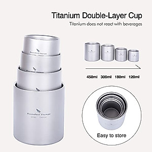 Boundless Voyage (120ML+180ML+300ML+450ML 4 in 1 Titanium Cup Double Walled Mug Lightweight Anti-scalding Drinkwear for Water Tea Wine Beer Fruit Juice Ti3032D