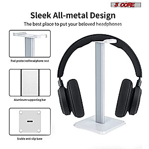 5 CORE Headphone Stand Headset Holder with Aluminum Supporting Bar Flexible ABS Solid Base for All Headphones Size HD STND (White)