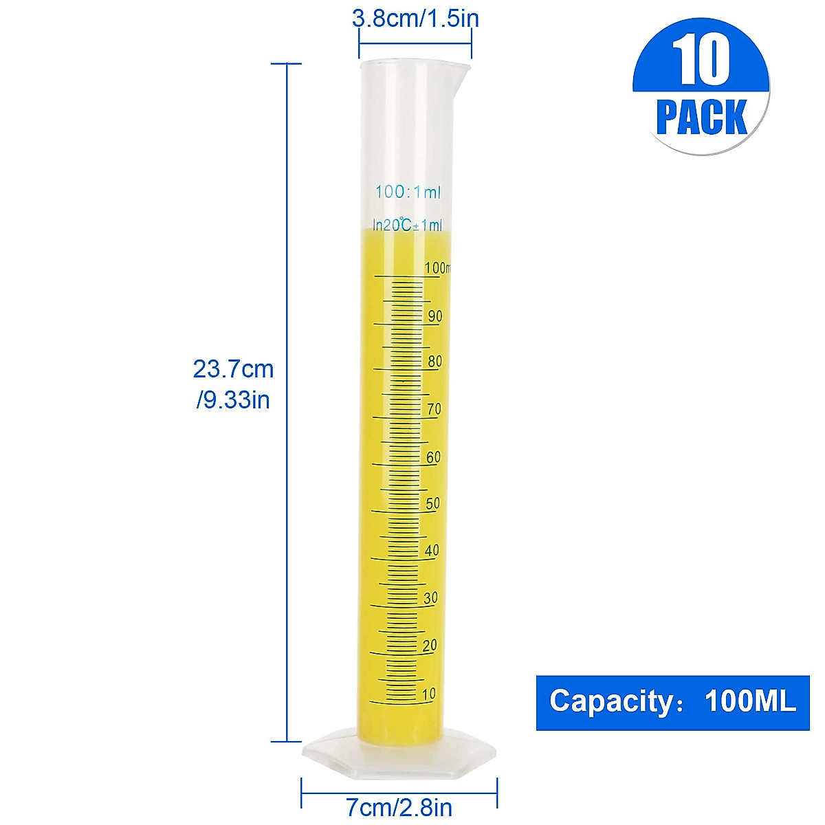 10Pack 100ml Plastic Graduated Cylinder, Transparent Measuring Cylinder Lab Test Tube Flask, 2 Sided Measuring Lines Graduated Cylinder Beaker for Science Lab Project, Pour Spout & Hexagonal Base