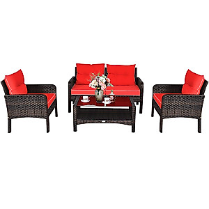 Tangkula 4 Piece Patio Furniture Set, Outdoor Wicker Conversation Set with Glass Top Coffee Table, All Weather Proof and Thick Cushions, Suitable for Porch, Garden, Poolside and Lawn (Red)