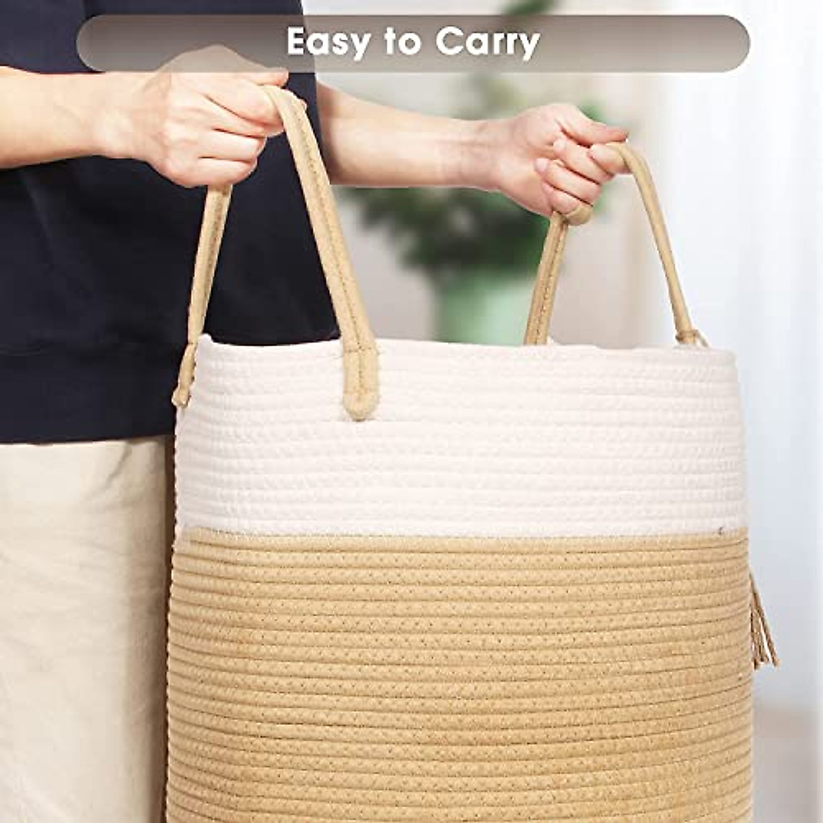 Pack of 2 Tall Woven Laundry Basket Collapsible for Storage Clothes Basket Laundry Hamper Basket for Bedroom Living Room Nursery Blanket Pillow Toy Dirty Clothes Hamper (2 Pack Ochre)