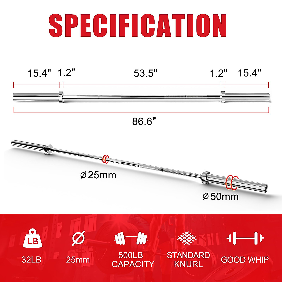 Olympic Barbell Weight Bar for Weightlifting, Bench Press Bar 7ft/6ft/5ft for Strength Training, Rated 700lbs/500lbs/400lbs Weight Capacity
