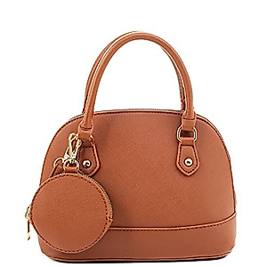 Vegan Leather Womens Girls Small Dome Satchel Bag Coin Purse Tote Handbag Crossbody (2-Piece Set with Coin Purse - Khaki)