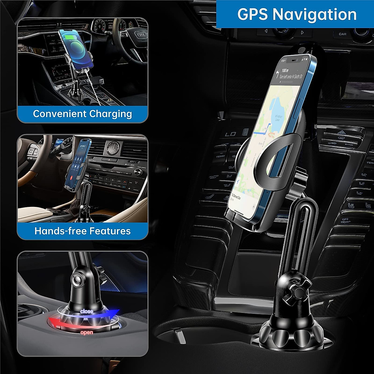 TOPGO Cup Phone Holder for Car, [No Shaking & Stable & Adjustable Pole] Car Cup Holder Phone Mount, Cell Phone Cradle for iPhone 14 and More Smart Phone - Black