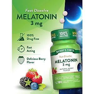 Nature's Truth Melatonin 3mg Fast Dissolve Tablets | 180 Count | Natural Berry Flavor | Vegan, Non-GMO, & Gluten Free Supplement