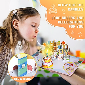 Musical Birthday Card, Blowable LED Light 3D Birthday Cake Popup Cards & Play Music Birthday Cards, Blow out Light and Cheers 'Happy Birthday' Funny Birthday Cards for Women Men Kids Husband Mom