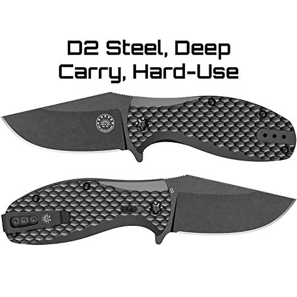 Off-Grid Knives - Badger EDC Knife, Cryo D2 Blade Steel, Grippy G10 Scales, Safety Grid-Lock, Reversible Tip-Up Deep Pocket Clip (Blackwash)