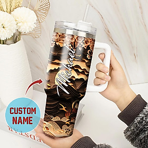 WAZONE Personalized Turtle 40oz Tumbler with Handle and Straw Lid Customized Animal Wooden Drawings Tumblers Stainless Steel Insulated Coffee Travel Mug Custom Gifts for Turtles Lover Men Women