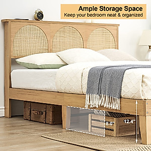 IDEALHOUSE Full Bed Frame with Rattan Headboard - Full Size Bed Frame with LED Lights, Boho Platform Bed Frame Full Size with Wooden Support Legs,No Box Spring Needed/Noise-Free/Easy Assembly