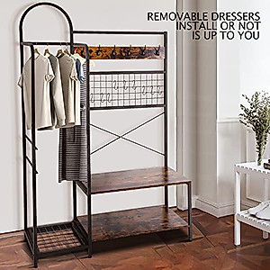 YITAHOME Entryway Hall Tree with 16 Metal Hooks, Coat Rack Stand with Side Shelves, Industrial Coat Rack Shoe Bench with 2 Foldable Drawer, Gray, 70" High