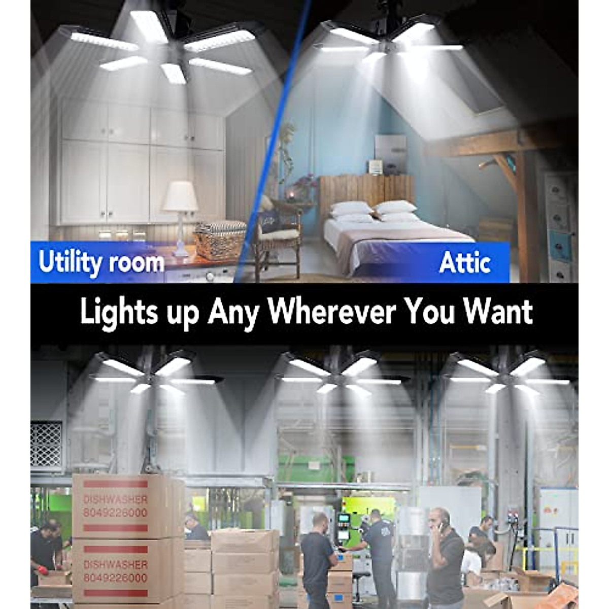 LED Garage Light,Garage Lights,120W Deformable Shop Ceiling Lights,13000LM 6500K 6 Panel Adjustable garage light fit E26 Base,Bright Led Lights for home,Workshop,Basement,attic,Barn (1 Pack)