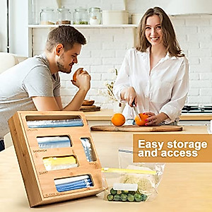 DUJEN Bamboo Ziplock Bag Storage Organizer, Food Storage Bags Container Organizer with Slider, Kitchen Plastic Bags Storage Compatible with Gallon, Quart, Sandwich & Snack Variety Size Bags