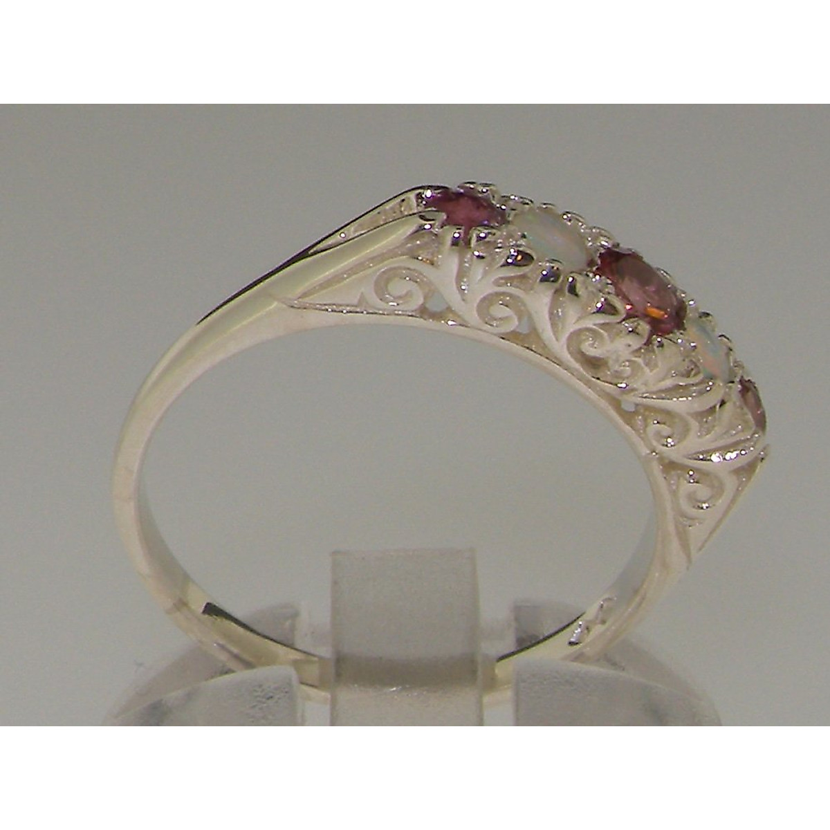 LetsBuyGold 925 Sterling Silver Natural Pink Tourmaline and Opal Womens Anniversary Ring - Size 8.25