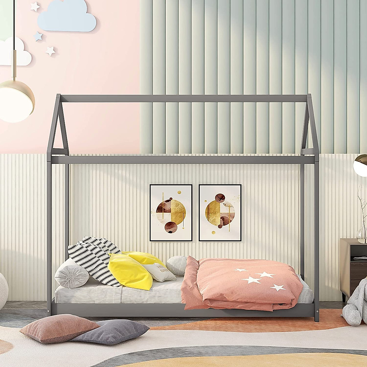 House Twin Bed Frame Wooden Platform Bed for Kids,No Box Spring Needed, Gray