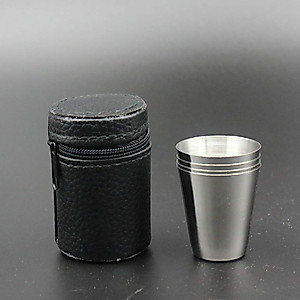 lasenersm 4 Pieces 30ml (1oz) Stainless Steel Shot Cups Shot Glass Drinking Vessel with One Black PU-Leather Carrying Case Outdoor Camping Travel Coffee Tea Cup, Silver Cup, Black Case