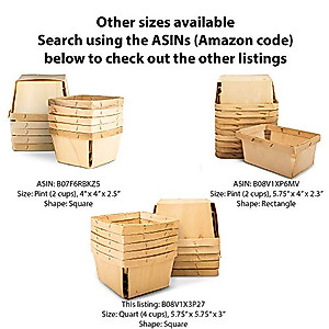 One Quart Wooden Gift Baskets (50 Pack); for Picking Fruit or Arts, Crafts and Decor; 5.75” Square Vented Wood Boxes