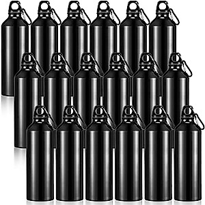 18 Pieces Aluminum Sport Water Bottles Bulk 24 oz Lightweight Water Bottles Reusable Leak Proof Water Bottles with Hook and Twist Cap for Bike, Camping, Climbing, Travelling, Indoor, Outdoor (Black)