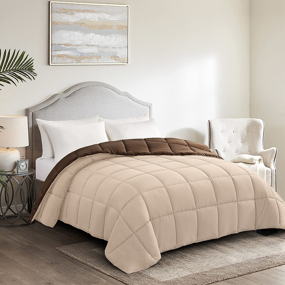 Homelike Moment Comforters Queen Size - Brown Duvet Insert Down Alternative Bed Queen Comforter, Lightweight Bedding Comforters Full Size Quilted Soft All Season Reversible Chocolate Brown/Beige