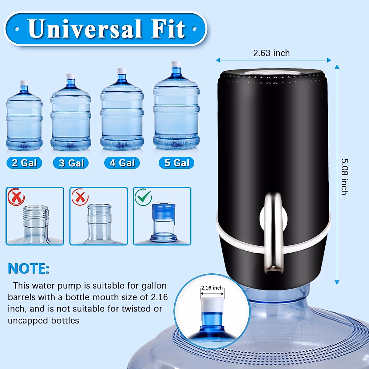 5 Gallon Water Dispenser, Electric Water Bottle Pump with Switch and USB Charging, Portable Automatic Water Dispenser Pump for Camping, Travel, Home, Kitchen, Office