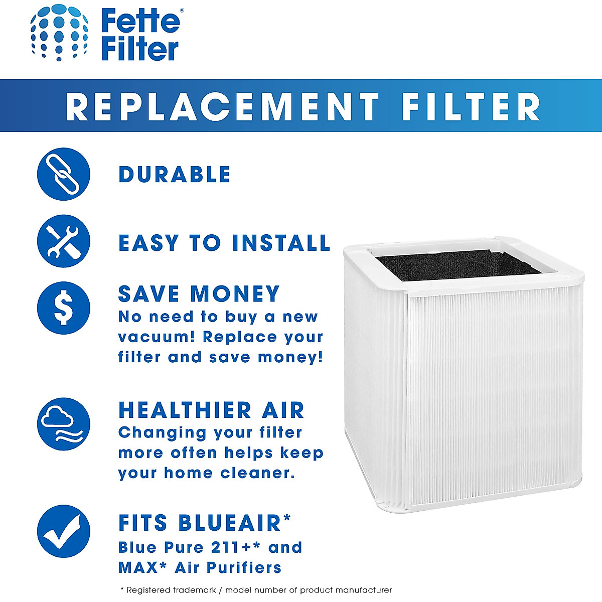 Fette Filter - 211+ Replacement Filter Compatible with Blueair Blue Pure 211+ Air Cleaner Purifier, Foldable Particle and Activated Carbon Replacement Filter.