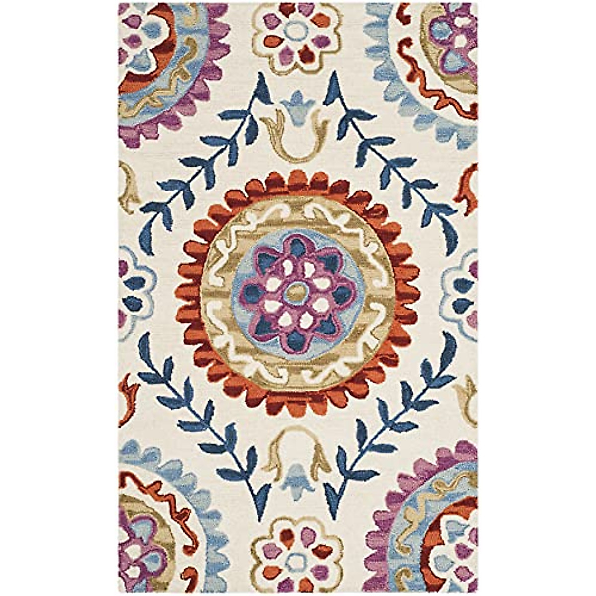 SAFAVIEH Suzani Collection 3' x 5' Ivory/Multi SZN374B Hand-Hooked Boho Premium Wool Area Rug