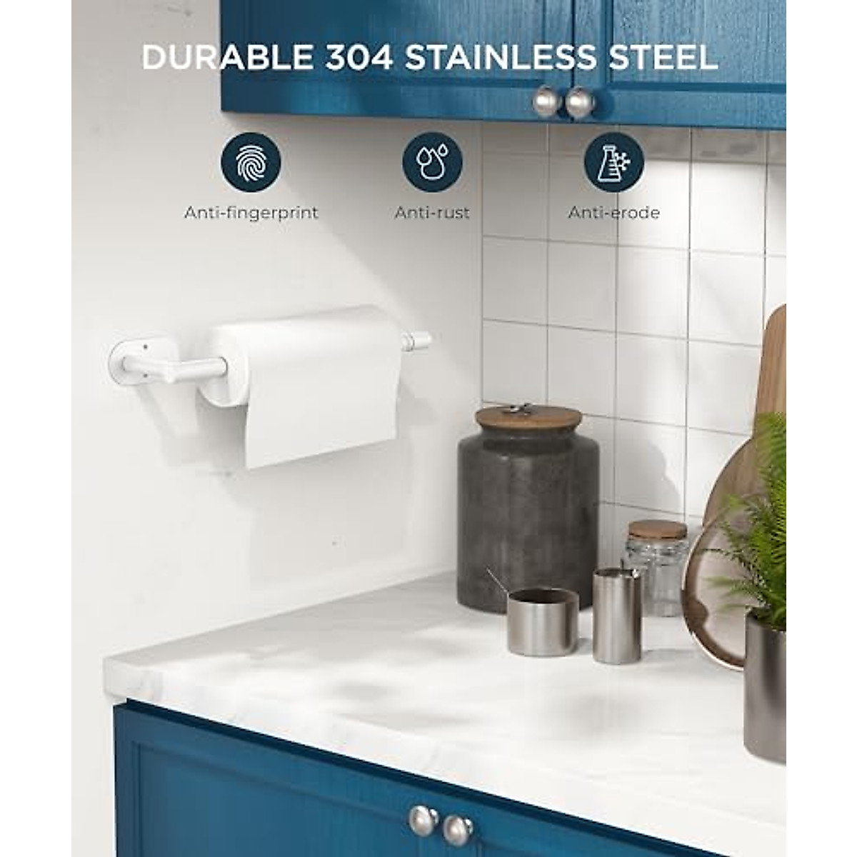 FORIOUS Paper Towel Holder Wall Mount, SUS 304 Stainless Steel Self Adhesive Pivoting Kitchen Commercial Paper Towel Holder Dispenser Under Cabinet no Drilling, White