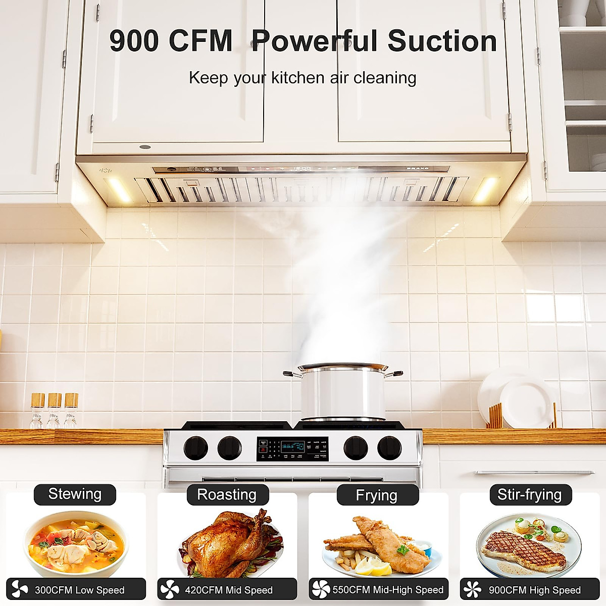 BRANO Range Hood Insert 36 Inch, 900 CFM Smart Voice/Gesture/Touch Control, 4 Speed Exhaust Fan, Stainless Steel Kitchen Hood with Charcoal Filter, Ducted/Ductless Convertible