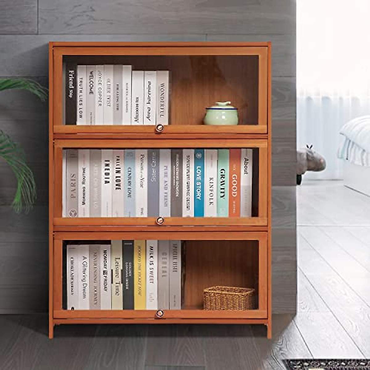 MoNiBloom Bamboo Bookshelf with Acrylic Doors 3 Tier Freestanding Bookcase Storage Stand for Living Room Office Bedroom, Brown