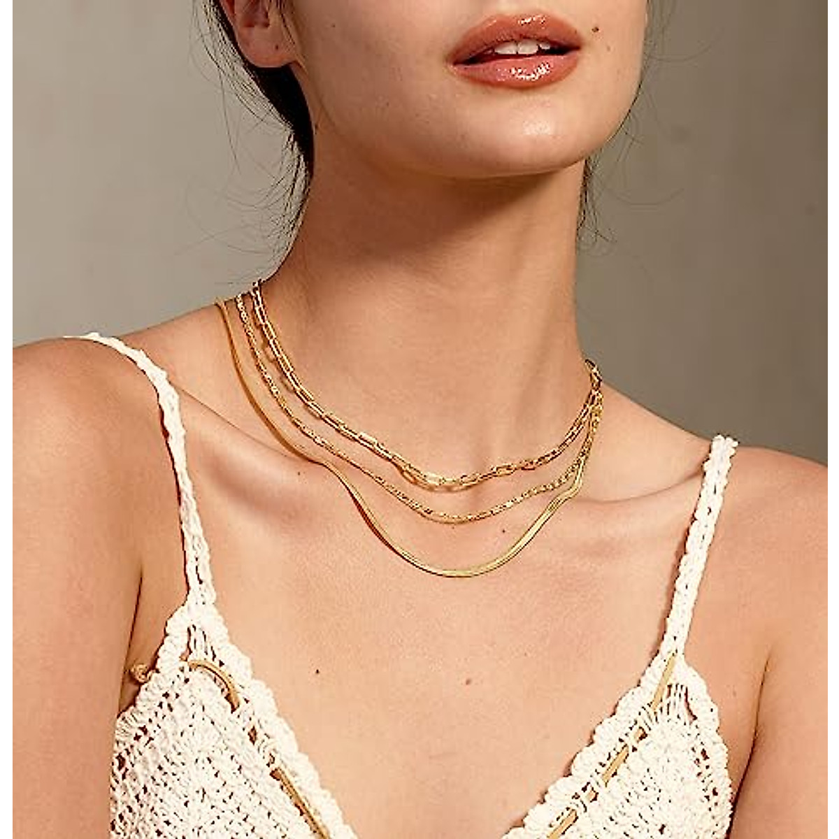 Tewiky Layered Gold Necklace for Women Trendy 14K Real Gold Plated Chain Choker Necklace Set for Women Gold Jewelry for Women Waterproof Chunky Herringbone Cuban Link Paperclip Rope Necklace Gift