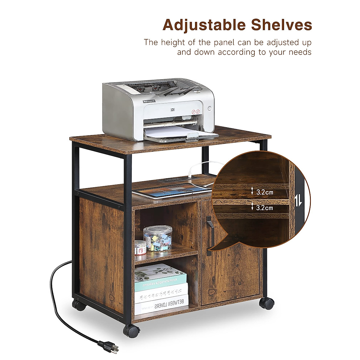 Kavonty Lateral File Cabinet,Office Filing Cabinets with Socket and USB Charging Port,Modern Rolling Printer Stand with Storage for A4, Letter Size and File Folders,for Home Office, Rustic Brown