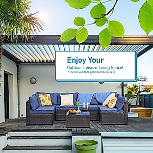 LAFWELL 7 Pieces Outdoor Patio Furniture Sets,Rattan Conversation Sectional Set,Manual Weaving Wicker Patio Sofa with Tea Table