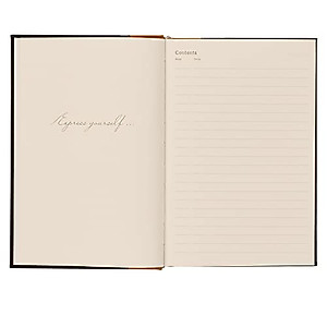 Vintage Leather Journal, Black Hardcover Notebook w/Tan Nubuck Ribbed Spine by Leatherpress, Artisan Blacksmith Design, Lined Pages Heavyweight Paper, Table of Contents w/Numbered Pages