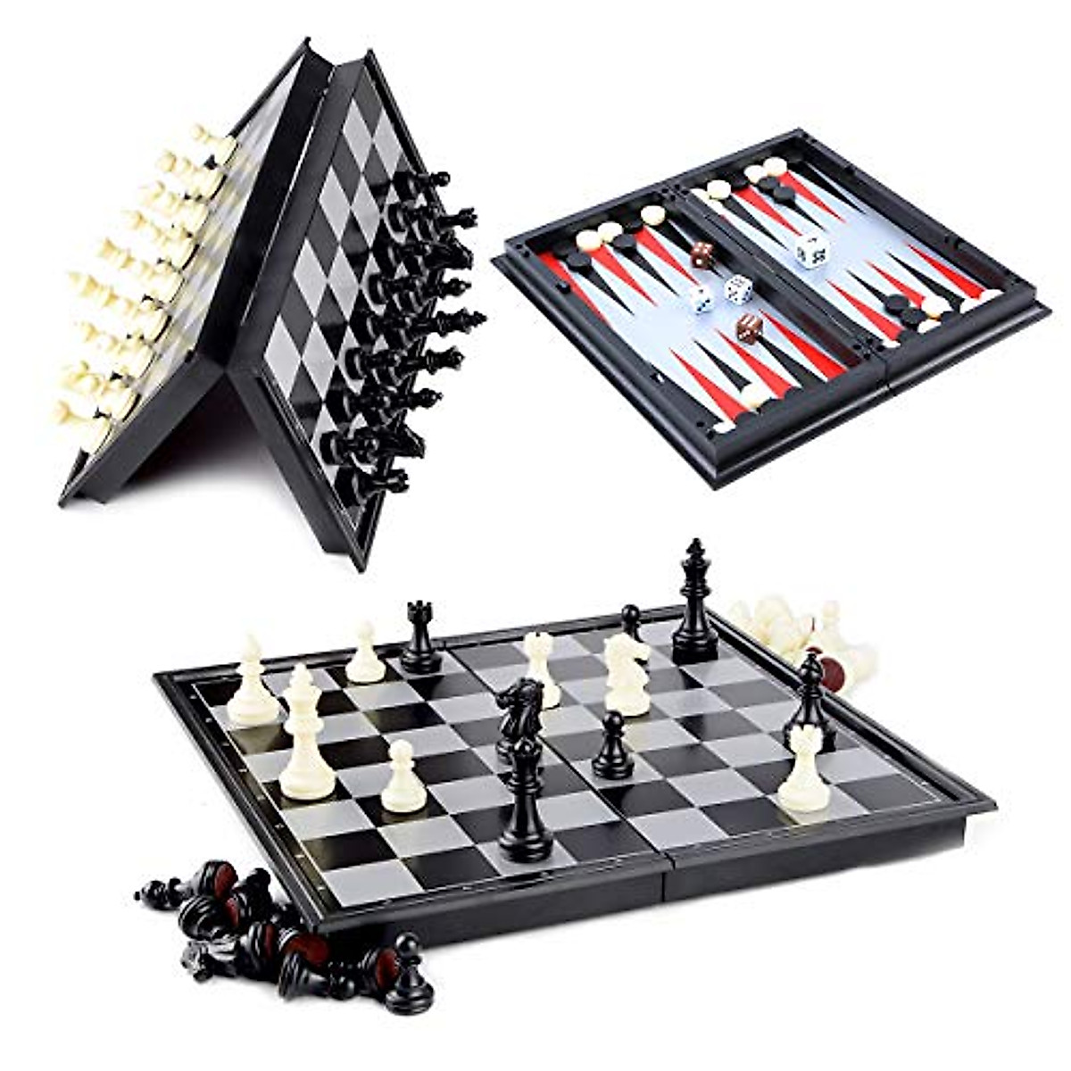 Chess / Checkers / Backgammon 3 in 1 Set, Hoshin Portable Folding Travel Magnetic Chess Board for Kids, 9.8 x 9.8 x 0.8 Inch