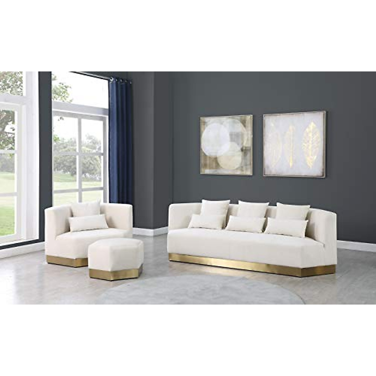 Meridian Furniture Marquis Collection Modern | Contemporary Velvet Upholstered Sofa with Stainless Steel Base in a Rich Gold Finish, 93" W x 38" D x 29" H, Cream