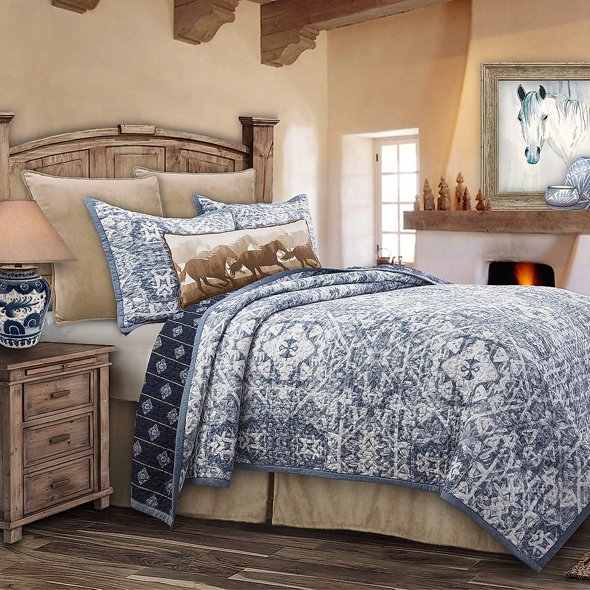 HiEnd Accents Skyler 3 Piece Quilt Set with Pillow Shams, Super Queen Size, Cotton Reversible Luxury Bedding, Blue Medallion Striped Coastal Style Bed Set, 1 Quilt and 2 Pillowcases