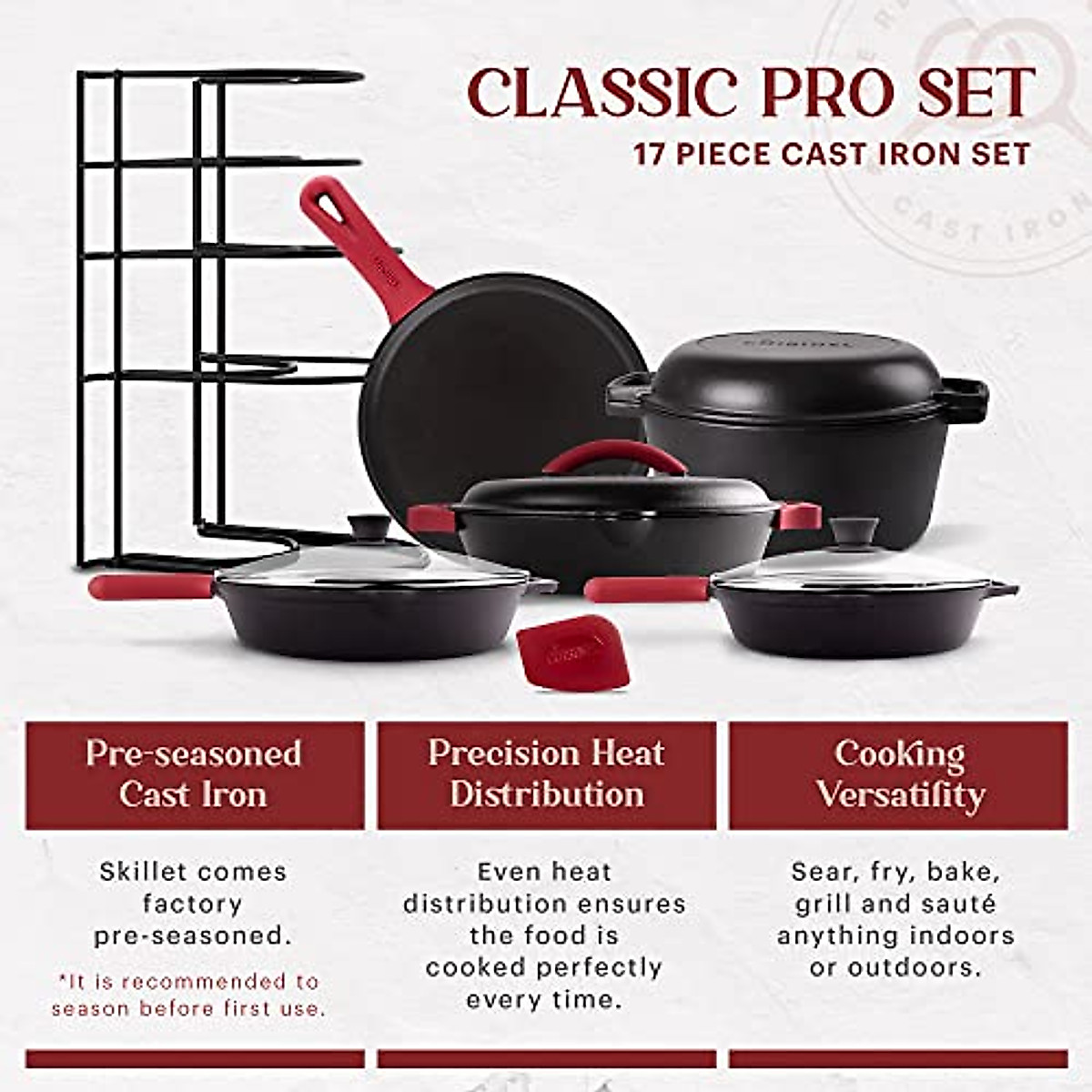 Cuisinel Cast Iron 17-Piece Preseasoned Cookware Set - 8"+10" Skillets + Lids + 5-Quart Dutch Oven + 12" Braiser with Cast Iron Lid + Round Griddle + 15" Organizer Rack + Pan Scraper + Silicone Handle