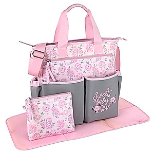 Crossbody Floral Pink Diaper Bag Tote with Changing Station for Baby Girl, 3 Piece Diaper Bag Set (Flowers)