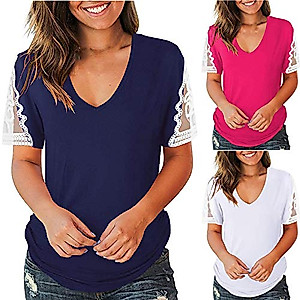 wodceeke Women's Retro Floral Lace Mesh Shoulder Short-Sleeve T-Shirt Round Neck Plus Size Tee Summer Casual Top (Hot Pink, L)