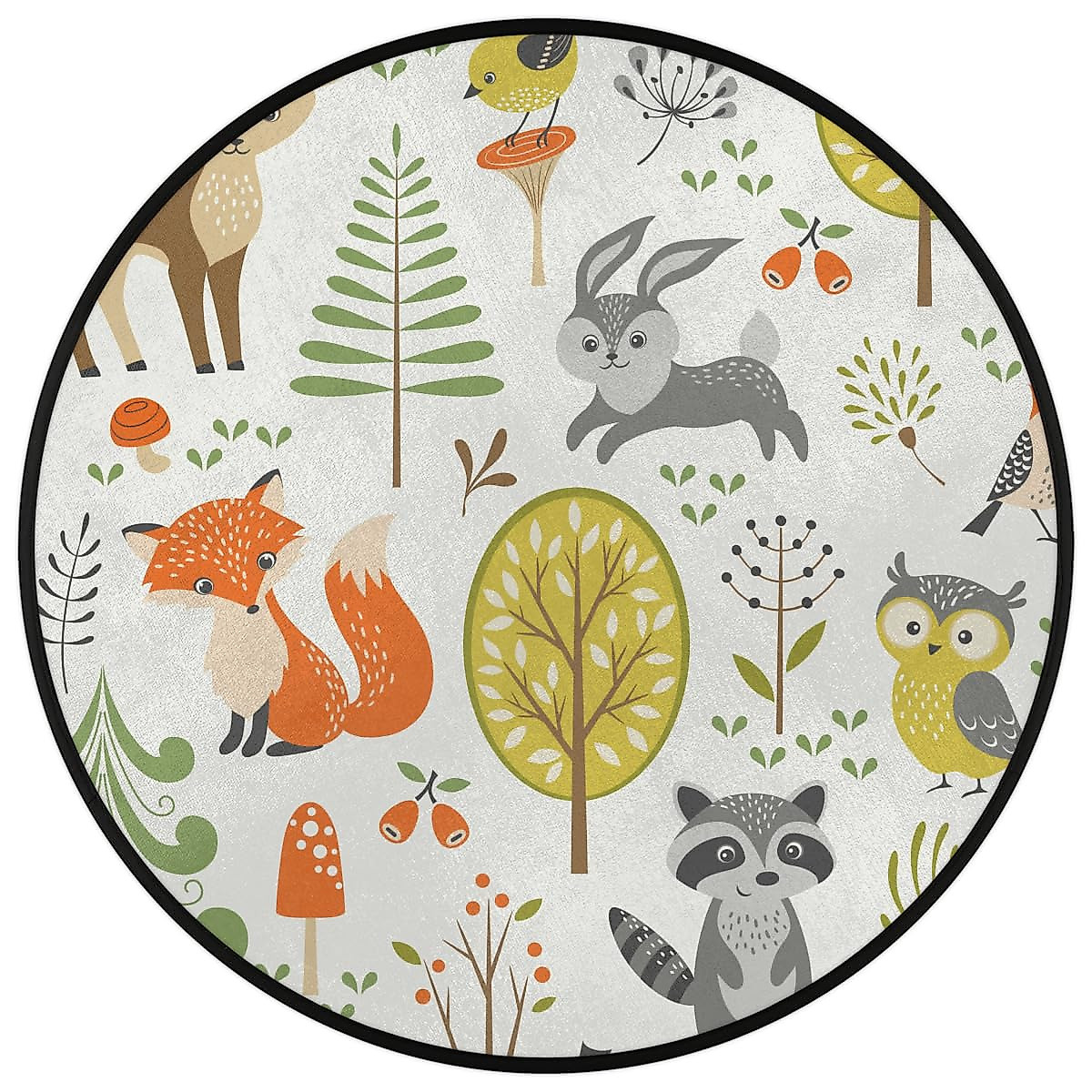 Woodland Animals Round Area Rug, Fox Elk Bear Mushroom Non-Slip Circle Rug for Bedroom Living Room Outdoor Study Playing Floor Mat Carpet, 3' Diameter