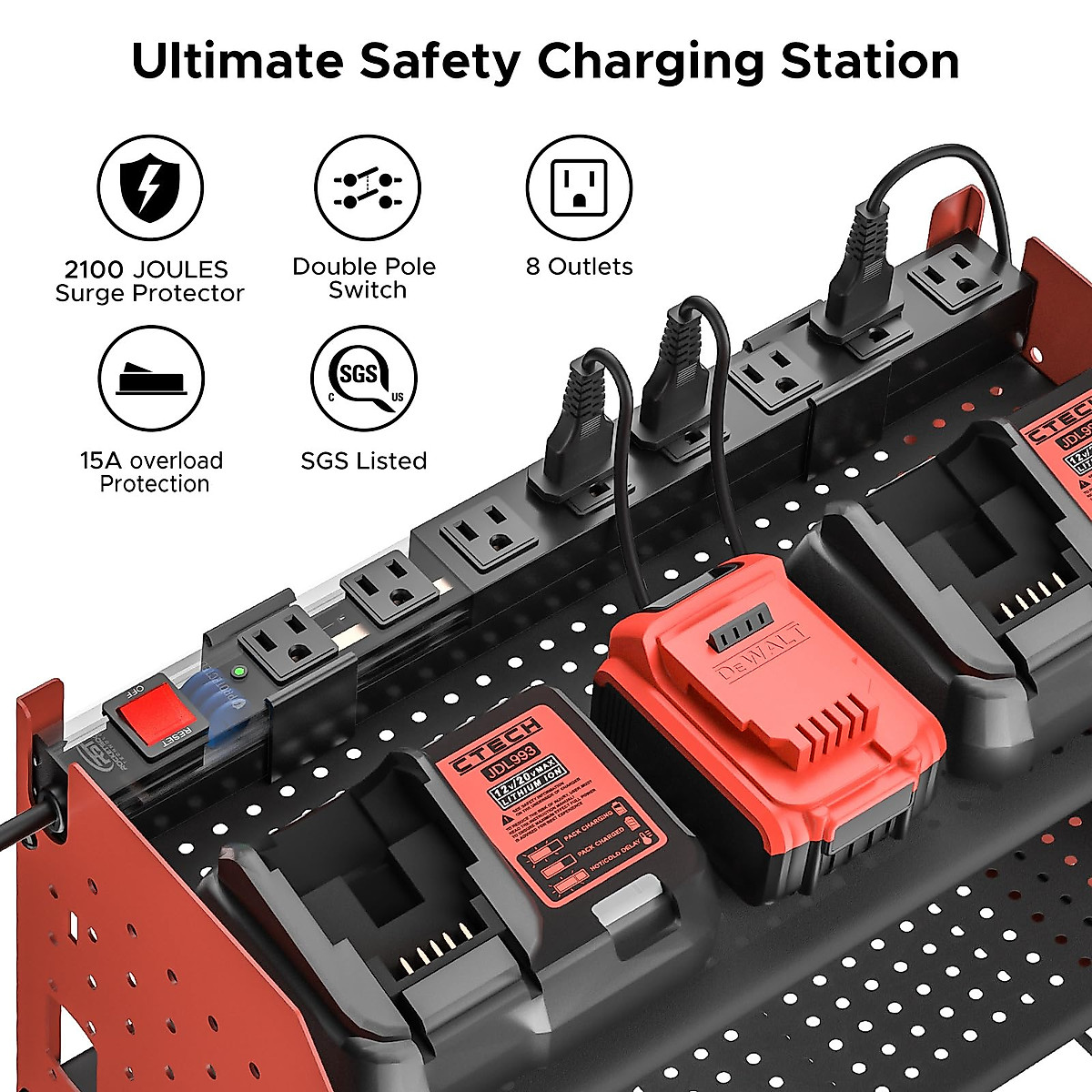 CRST Power Tool Organizer & 8-Outlet Power Strip Bundle, Cordless Drill Holder with Charging Station for Garage & Workshop