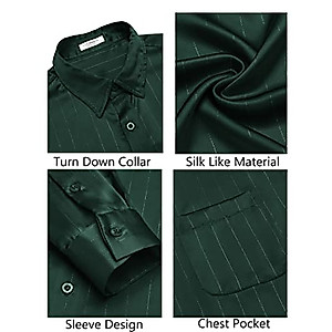 COOFANDY Men's Luxury Dress Shirts Long Sleeve Satin Silk Like Button Down Shirt Party Weddding Prom Army Green, Medium