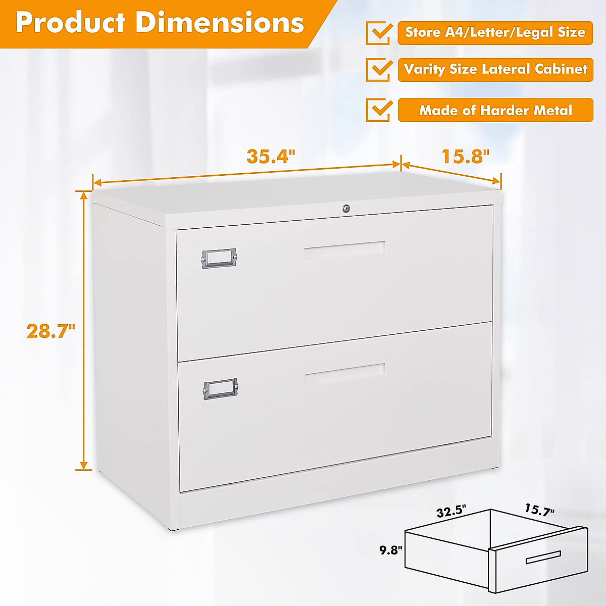 STANI Lateral File Cabinets with Lock, Filing Cabinet, 2 Drawer Lateral File Cabinet with Lock, Metal Lateral File Cabinet for Home and Office, Assembly Required