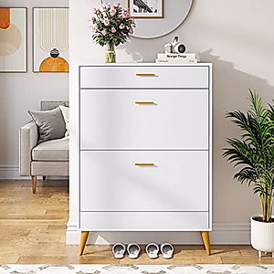 Tribesigns Shoe Cabinet, White Slim Shoe Storage Cabinet for Entryway, Modern 16 Pair Thin Shoe Rack Organizer with 2 Flip Drawers