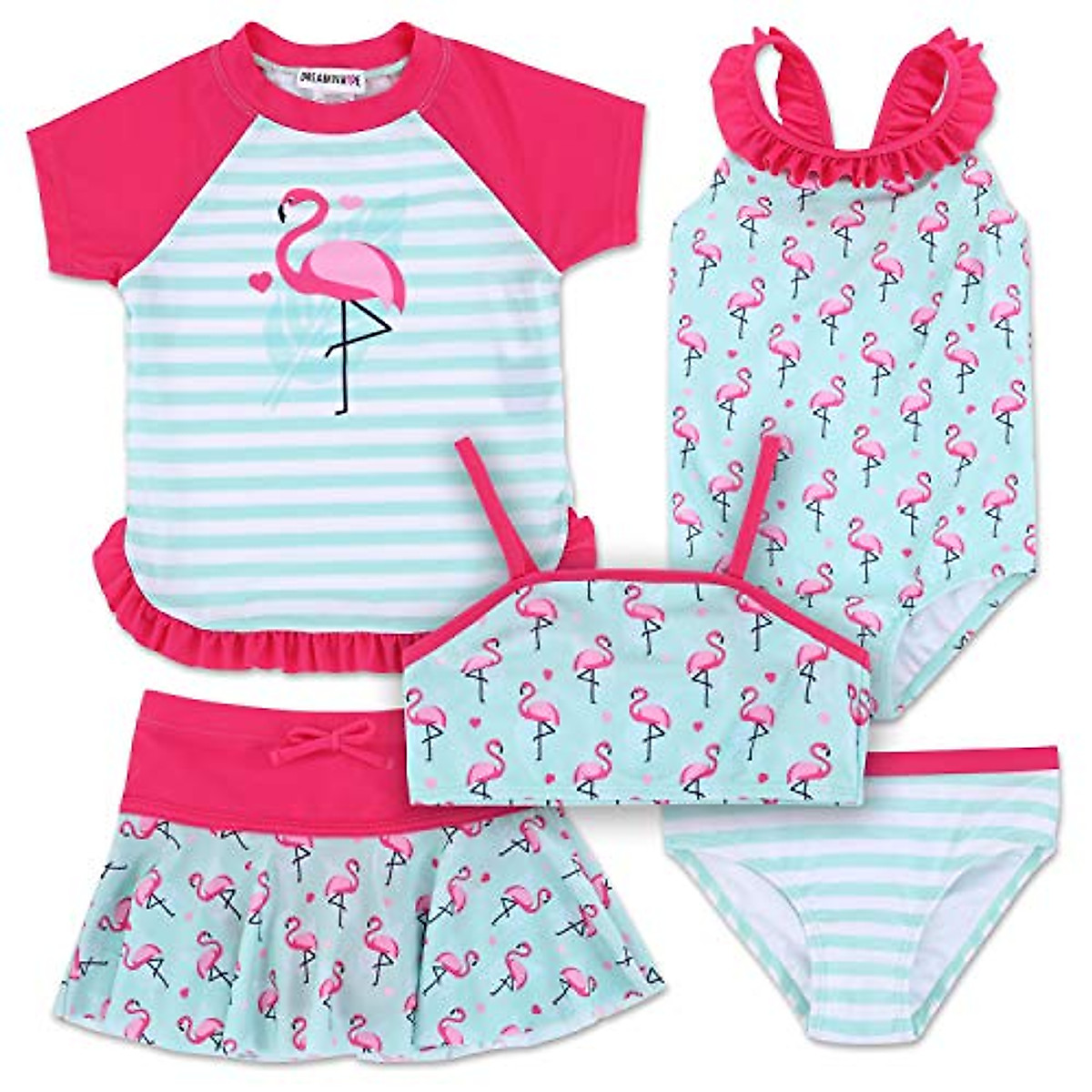 Dreamwave Flamingo Toddler Girls Swimsuit Set: Rash Guard Bikini Skirt One-Piece Pink/Blue 4T
