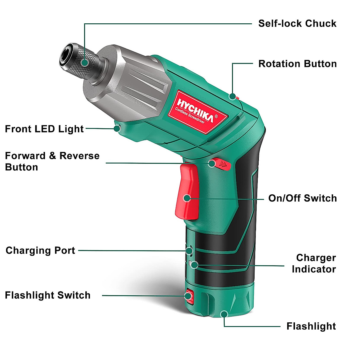 Cordless Screwdriver, HYCHIKA 4V 2.0Ah Electric Screwdriver Rechargeable Screw Gun & Bit Set, Front LED and Rear Flashlight, Ratchet Wrench, DC Charging with USB Cable, 36pcs Accessories