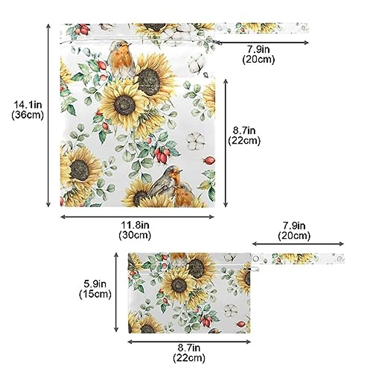 SDMKA 2Pcs Wet Dry Bag for Baby Cloth Diapers Sunflowers & Birds Reusable Waterproof Wet Bag with Two Zippered Pockets for Travel Beach Pool